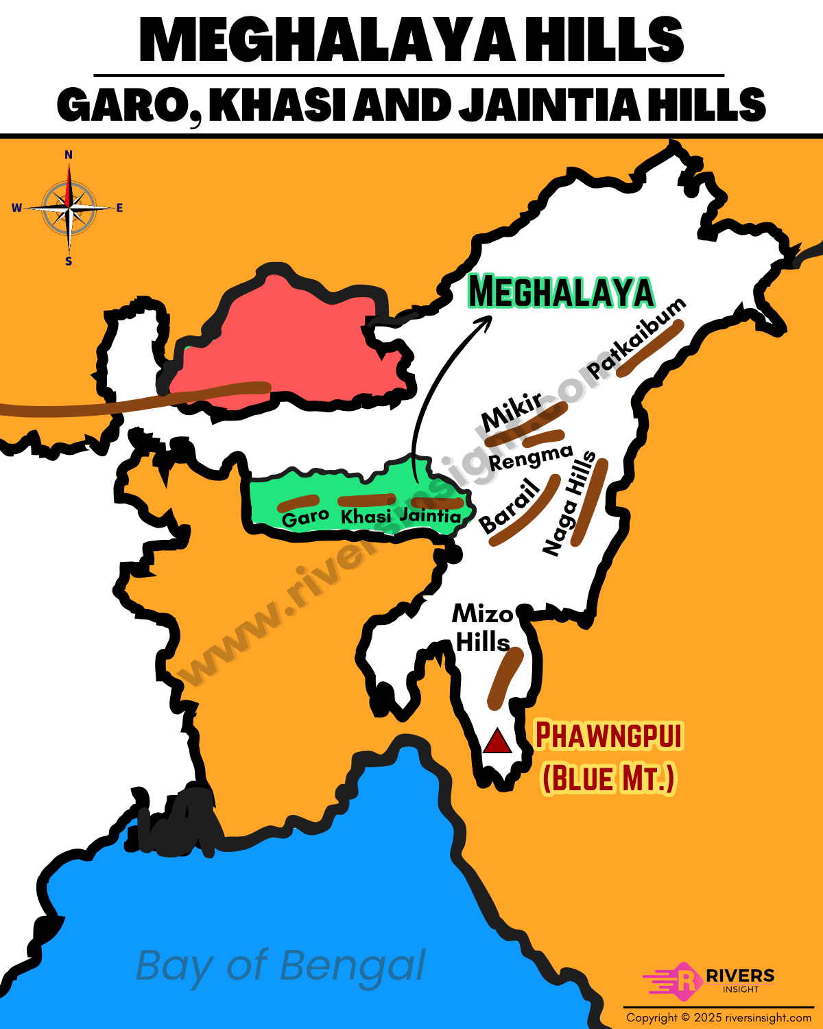 Garo, Khasi and Jaintia Hills of Meghalaya Plateau: Map & Facts ...
